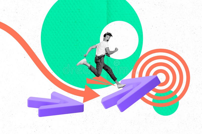 Creative Photo Poster Trend Art Collage Image of Excited Man Run Arrow ...