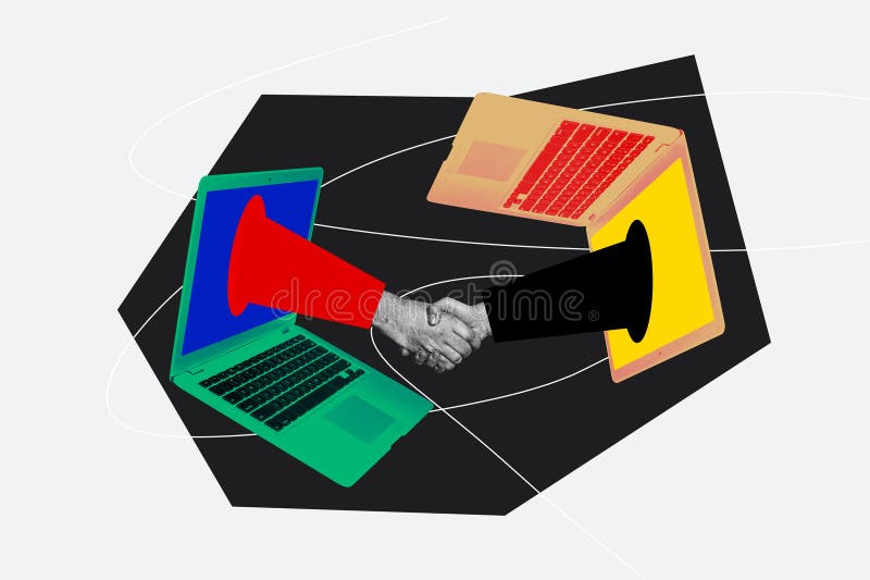 Creative Picture Collage Computer Devices Laptops Screen Handshake ...