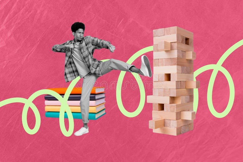 Creative Picture Collage Photo Young Man Punching Jenga Tower Leg ...