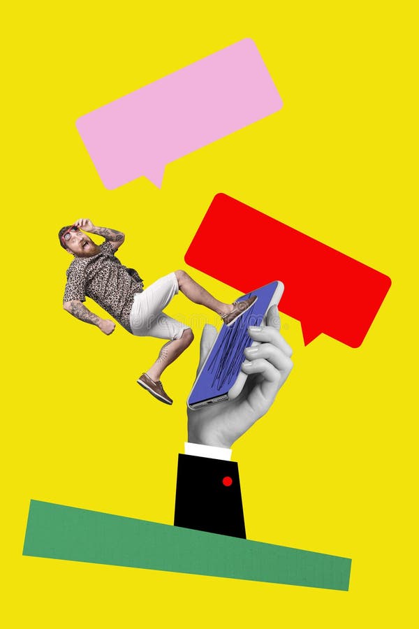 Creative Picture Collage of Young Guy Run on Device with Speech Bubble ...