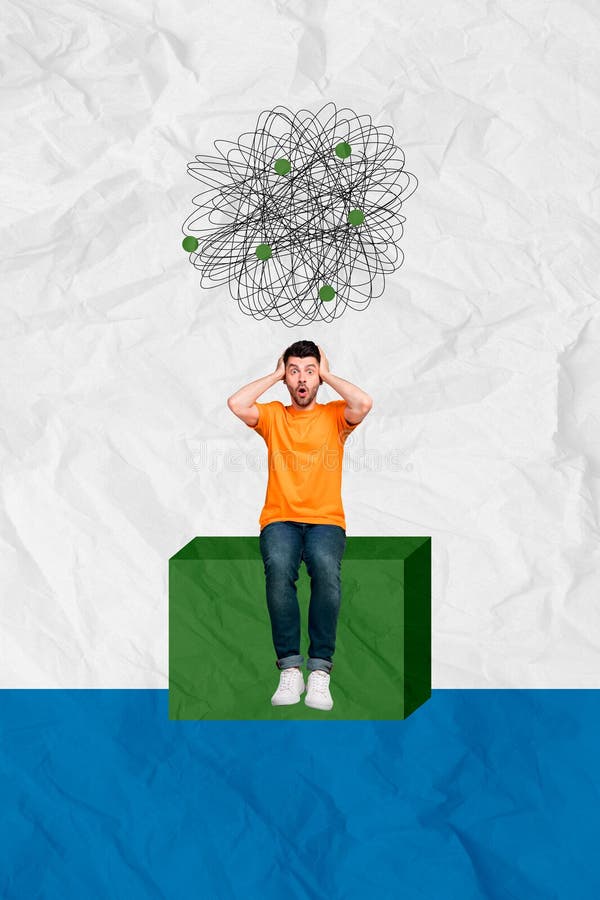 Creative Picture Collage of Young Man Touching Head Complicated ...