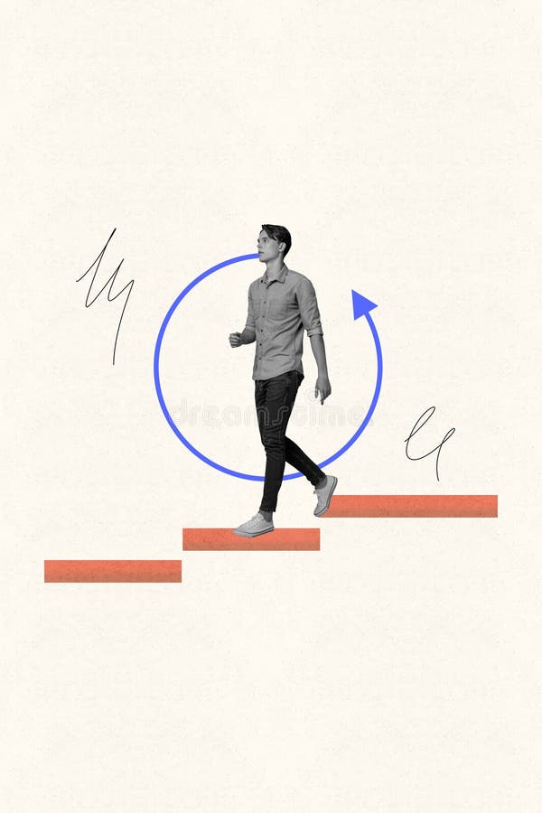 Creative Picture Collage of Young Man Walking on Three Stairs on Pastel ...