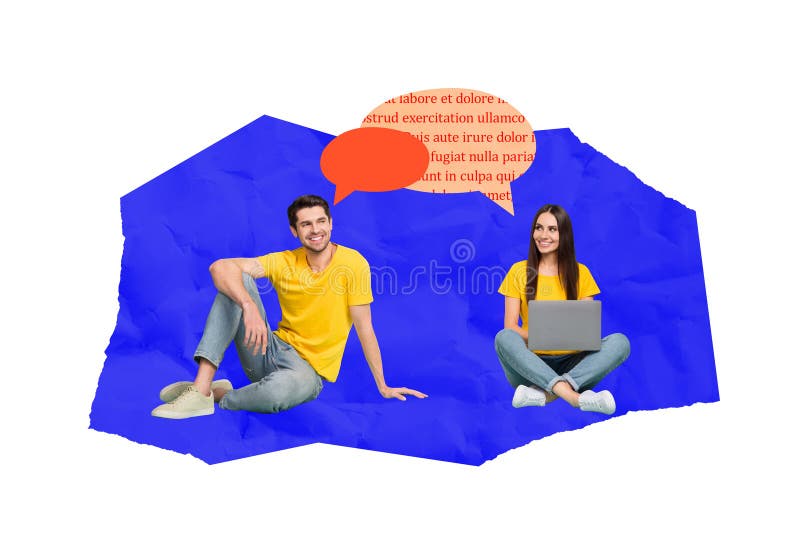 Creative Picture Collage Young Man Woman Sit Computer Communication ...