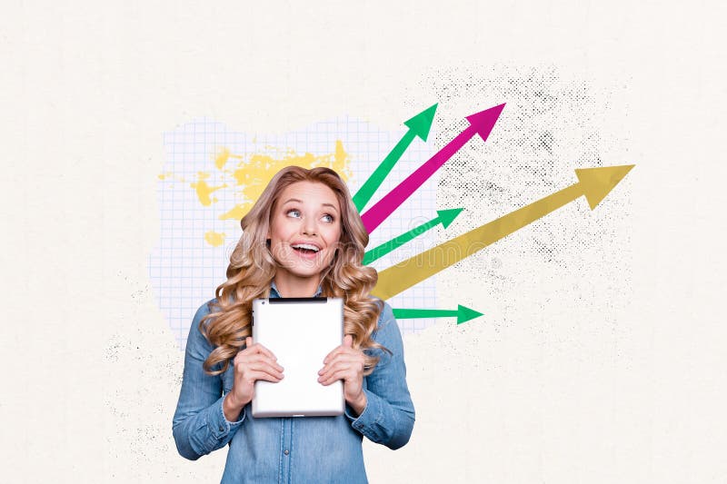 Creative Picture Image Collage Young Cheerful Woman Arrows Pointers ...