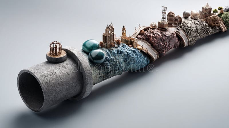 Creative Pipeline Transporting Various Materials and Miniature Structures, Showcasing Blend of ...