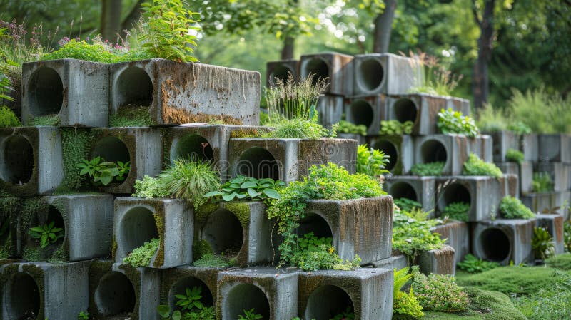 Creative Planting with Concrete Blocks in a Lush Green Setting Stock ...