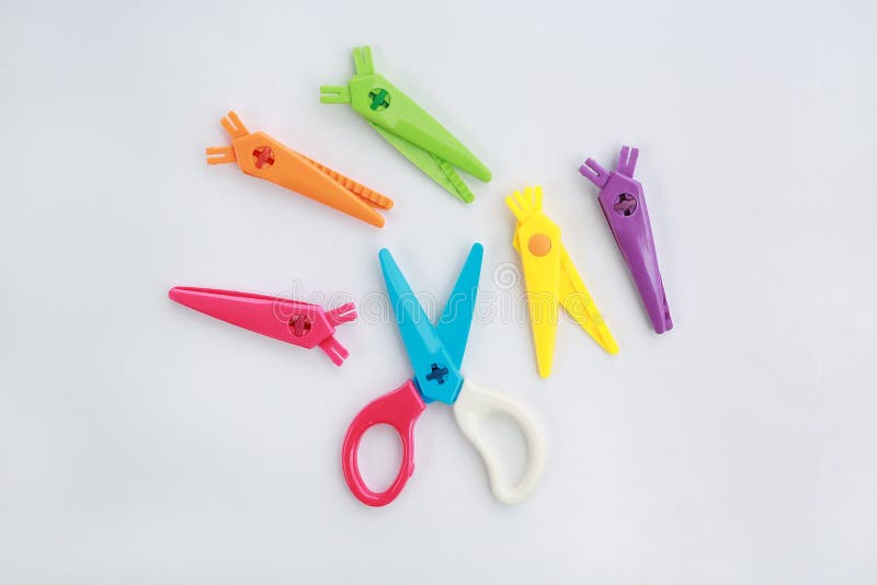 Creative Plastic Children Safety Scissors Set on White Background Stock ...