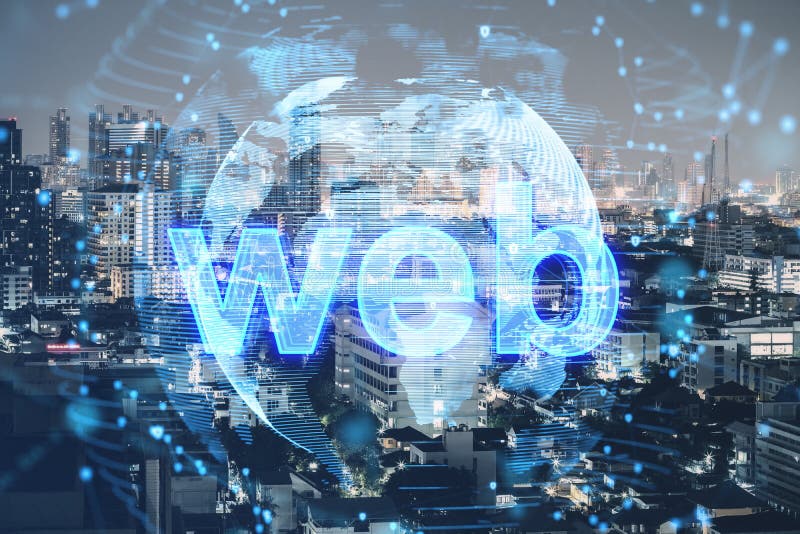 Creative Polygonal Globe with Web Hologram on Blurry Illuminated Night ...