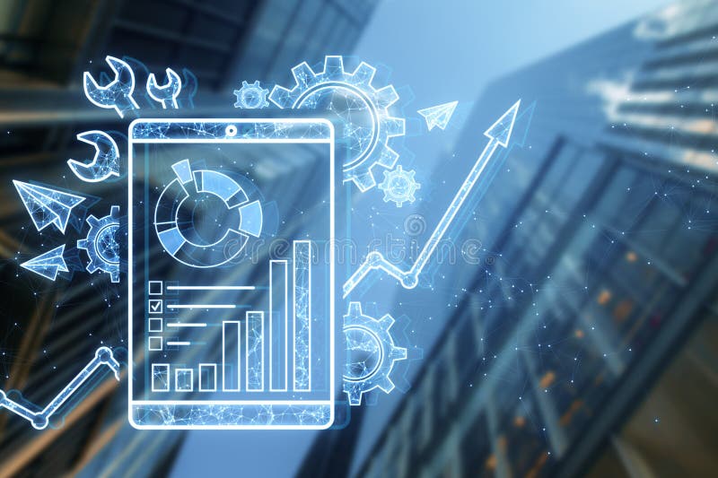 Creative Polygonal Interface with Cogs and Business Chart on Blurry ...
