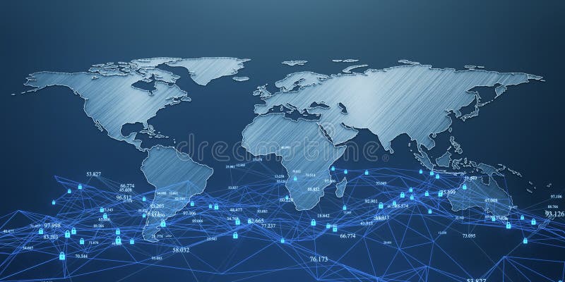 Creative Polygonal Mesh on Blue Background with Map. Big Digital Data ...