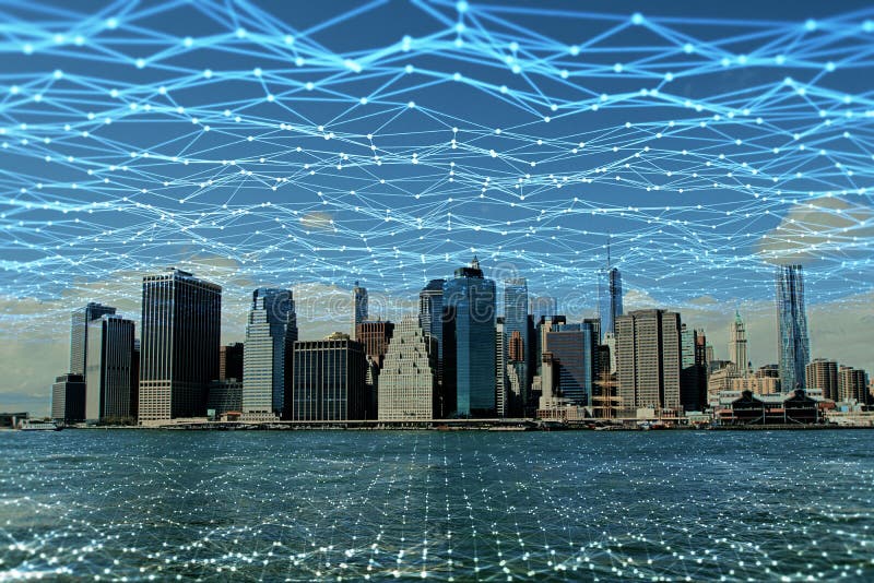 Creative Polygonal Mesh Waterfront City Skyline Backdrop. Smart City ...