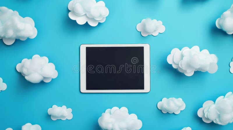 Tablet Surrounded by Cotton Clouds on Blue Background in Pop Art Style ...