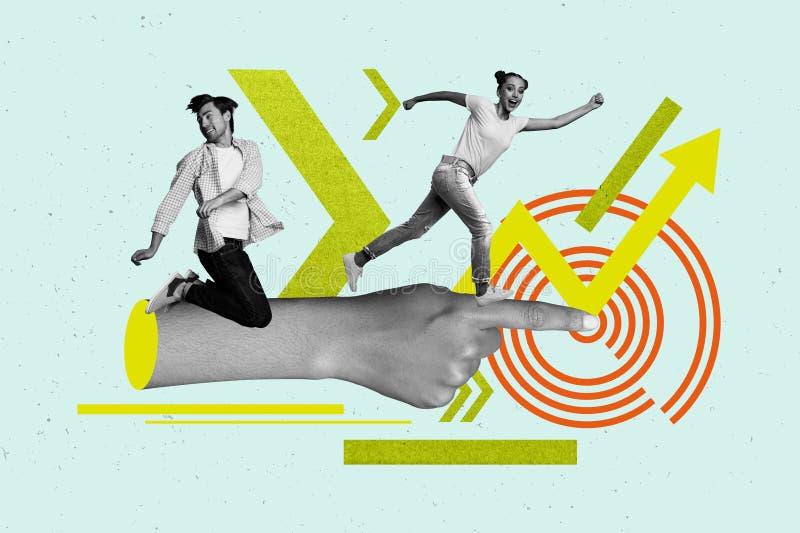 Creative Pop Collage of People on Human Hand Touch Line Buttons on Blue ...