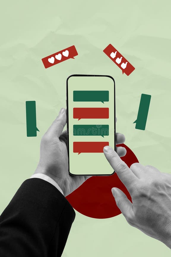 Creative Pop Collage of Person Using Mobile App Texting with Like ...