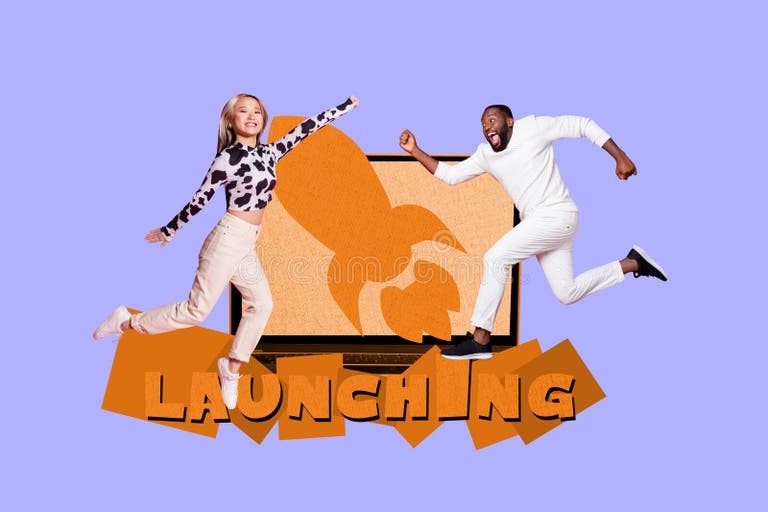 Creative Pop Collage of Two People Run on Computer Device with ...