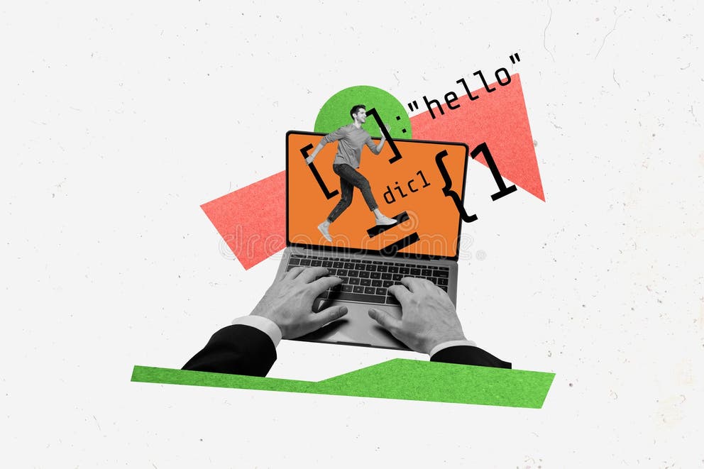 Creative Poster Collage of Computer Laptop Screen Coder Numbers Digital Internet Program ...