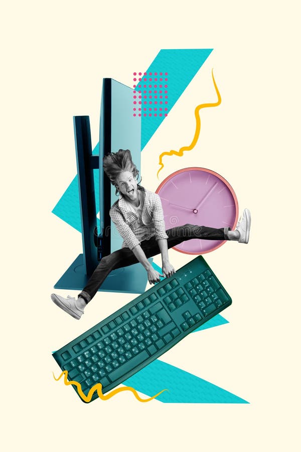 Creative Poster Collage of Funny Playful Young Man Employee Working ...