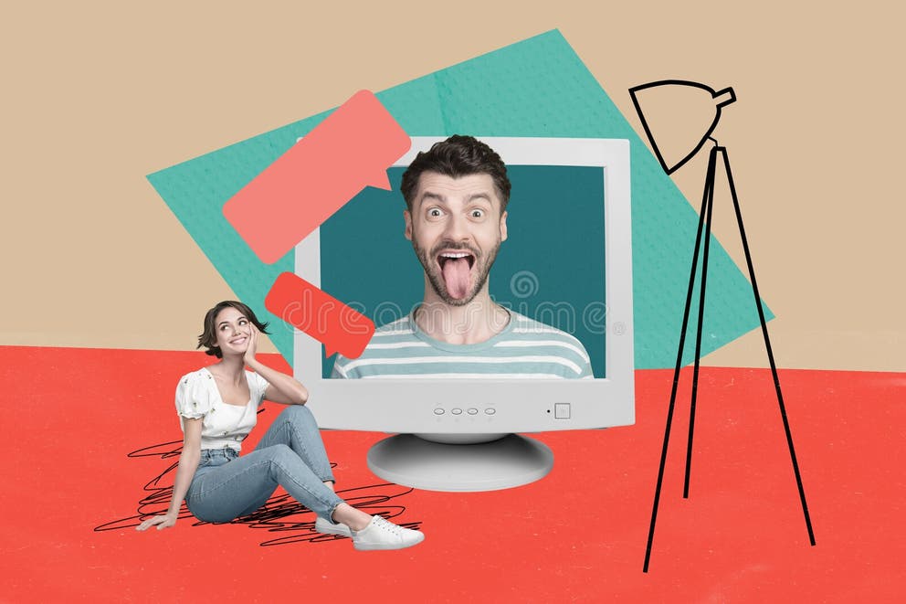 Creative Poster Collage of Girl Sitting Look on Computer Screen with ...