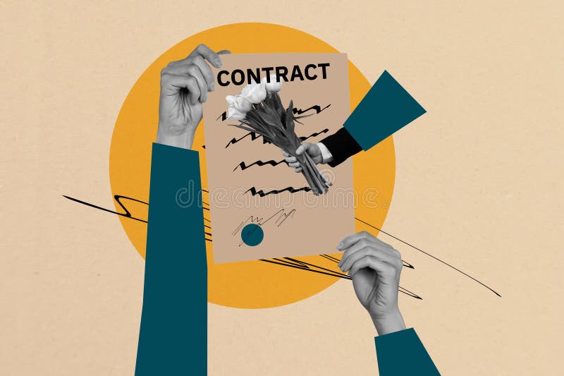 Creative Poster Collage of Hands Hold Contract with Tulips Bunch on ...