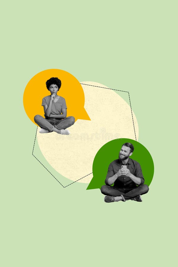 Creative Poster Collage of Two People Sit Use Gadget Talking on Green ...
