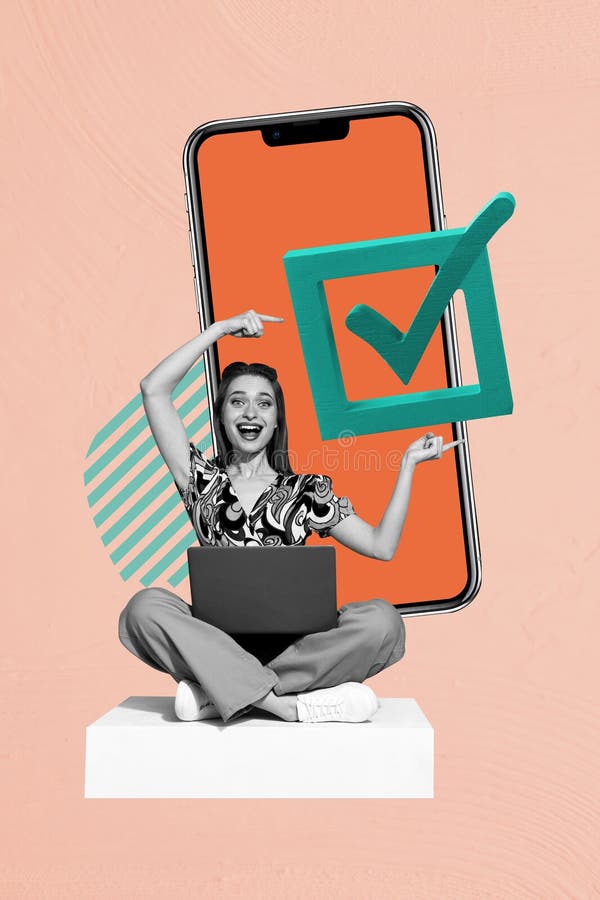 Creative Poster Collage of Young Female Work Remotely Checkmart ...