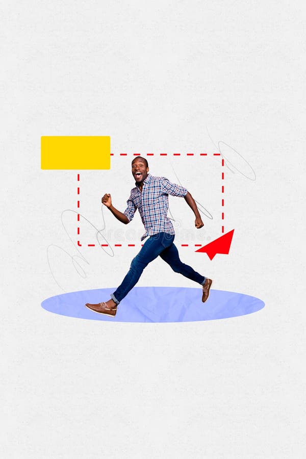 Creative Poster Collage of Young Guy Run Fast on White Color Background ...