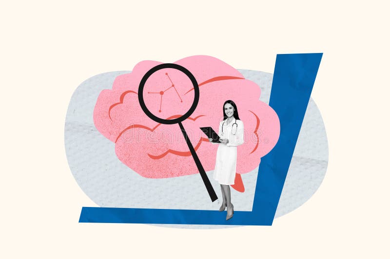 Creative Poster Collage Young Woman Doctor Magnifying Loop Explore Mind ...