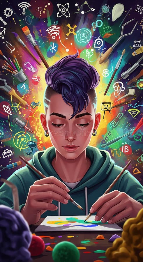 Creative Process Artist Painting Amidst Exploding Ideas and Tools Stock ...