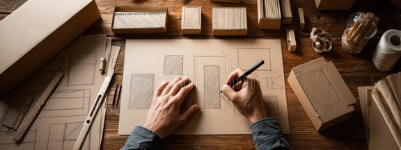 Creative Process in a Design Studio with Hands Sketching Layouts on Paper Surrounded by Drafting ...