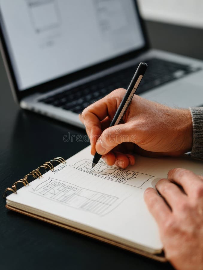 Creative Process of Designing User Interface Wireframes on a Notebook ...