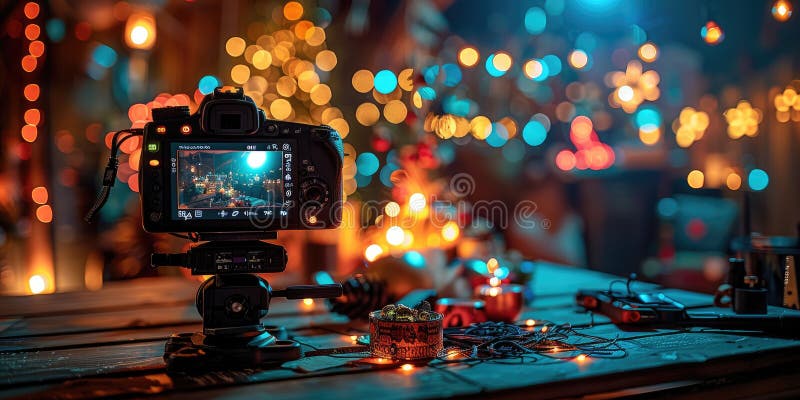 Creative Process of Filming a Tutorial with Camera and Festive Lights ...