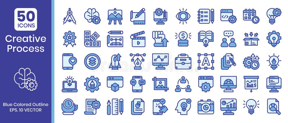 Creative Process Icons Set. Blue Colored Outline Style Icons Pack Stock ...