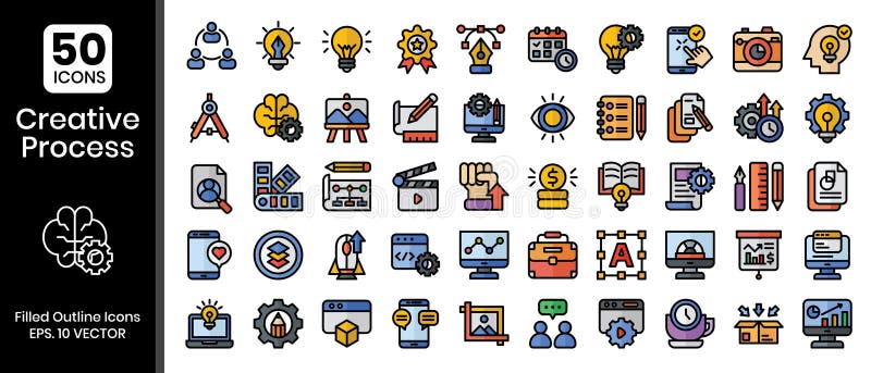 Creative Process Icons Set. Filled Outline Style Icons Pack Stock ...