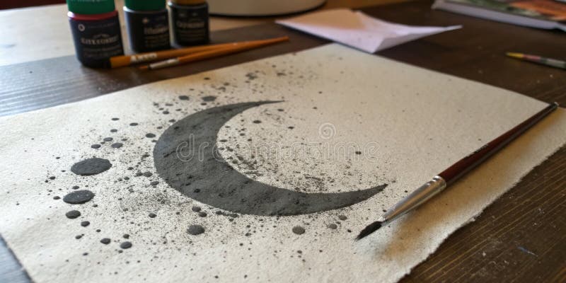 Creative Process of Painting a Crescent Moon on Textured Paper with ...
