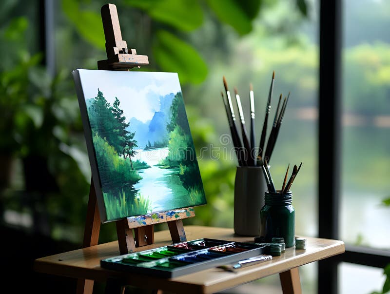 Creative Process: Palette and Canvas on the Easel Stock Illustration ...