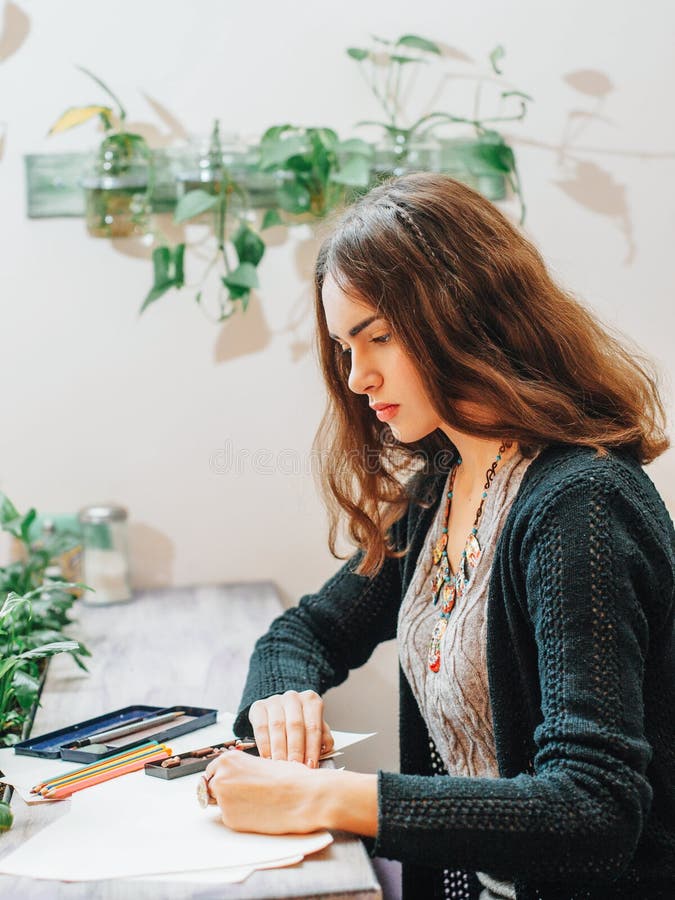 Creative Process Pensive Female Painter Drawing Stock Image - Image of ...