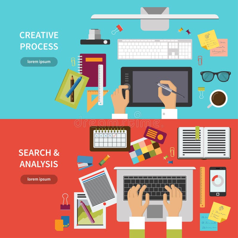 Creative Process, Search and Analysis Concept Set Stock Vector - Illustration of marketing ...