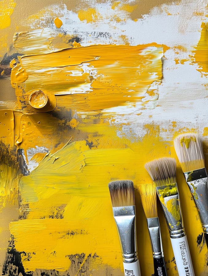 Creative Process with Yellow Paint Tubes and Brushes Spread Across a ...