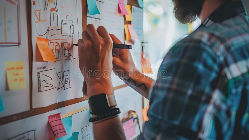 Creative Professional Brainstorming on a Project. Man Scribbles on ...