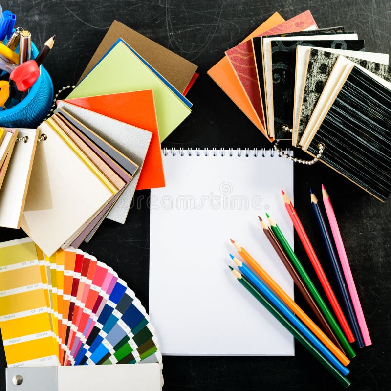 Creative Professional Designer Workplace in the Office. Material Stock ...