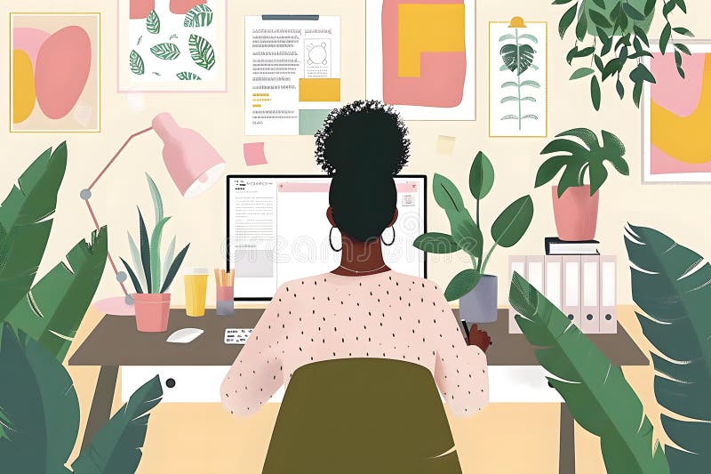 Creative Professional Working Remotely at Home Office Desk with Plants ...