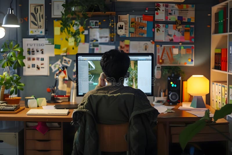 Creative Professional Works on Computer in Home Office, Designing with ...