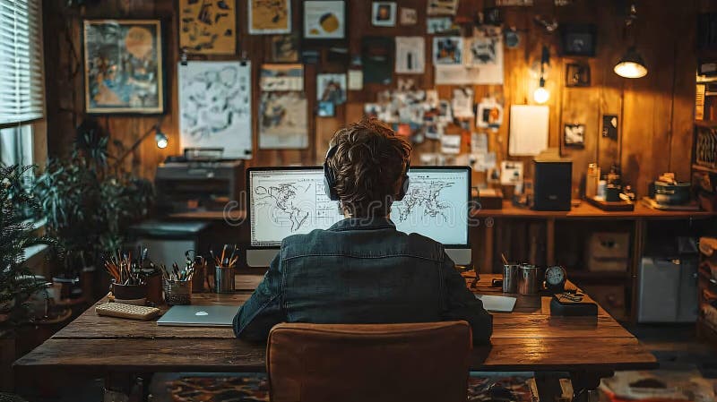 Creative Designer Working at Home Office Desk with Dual Monitors AI ...