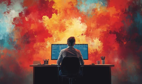 Creative Programmer Working at Desk with Vibrant Abstract Background of ...