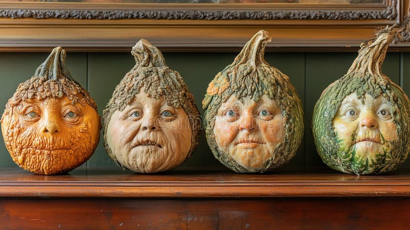 Creative Pumpkin Sculptures with Expressive Faces on Display Stock ...