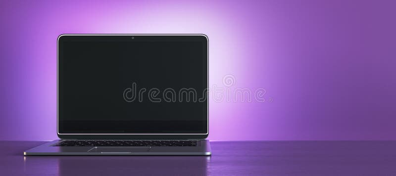 Creative Purple Designer Workplace with Empty Black Mock Up Laptop ...