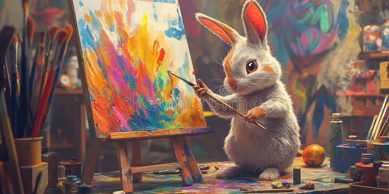 Creative Rabbit Painting Colorful Abstract Art in Vibrant Studio ...
