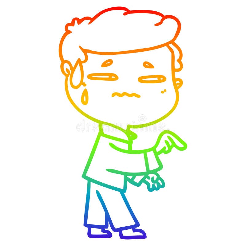 A Creative Rainbow Gradient Line Drawing Cartoon Anxious Man Pointing ...