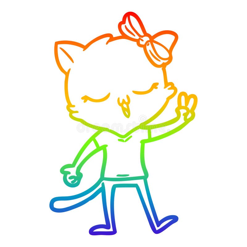 A Creative Rainbow Gradient Line Drawing Cartoon Cat with Bow on Head ...