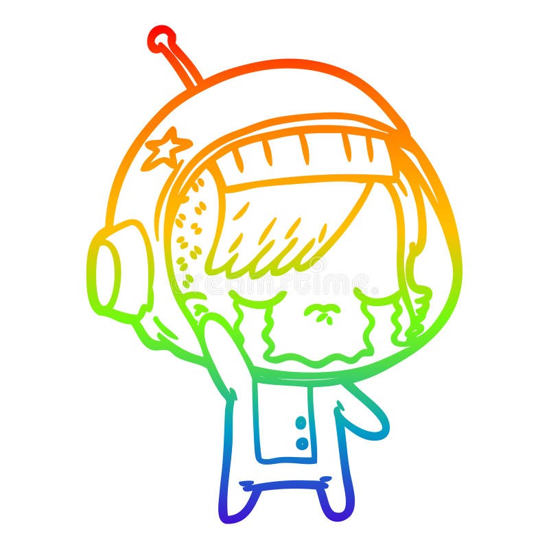 A Creative Rainbow Gradient Line Drawing Cartoon Crying Astronaut Girl ...